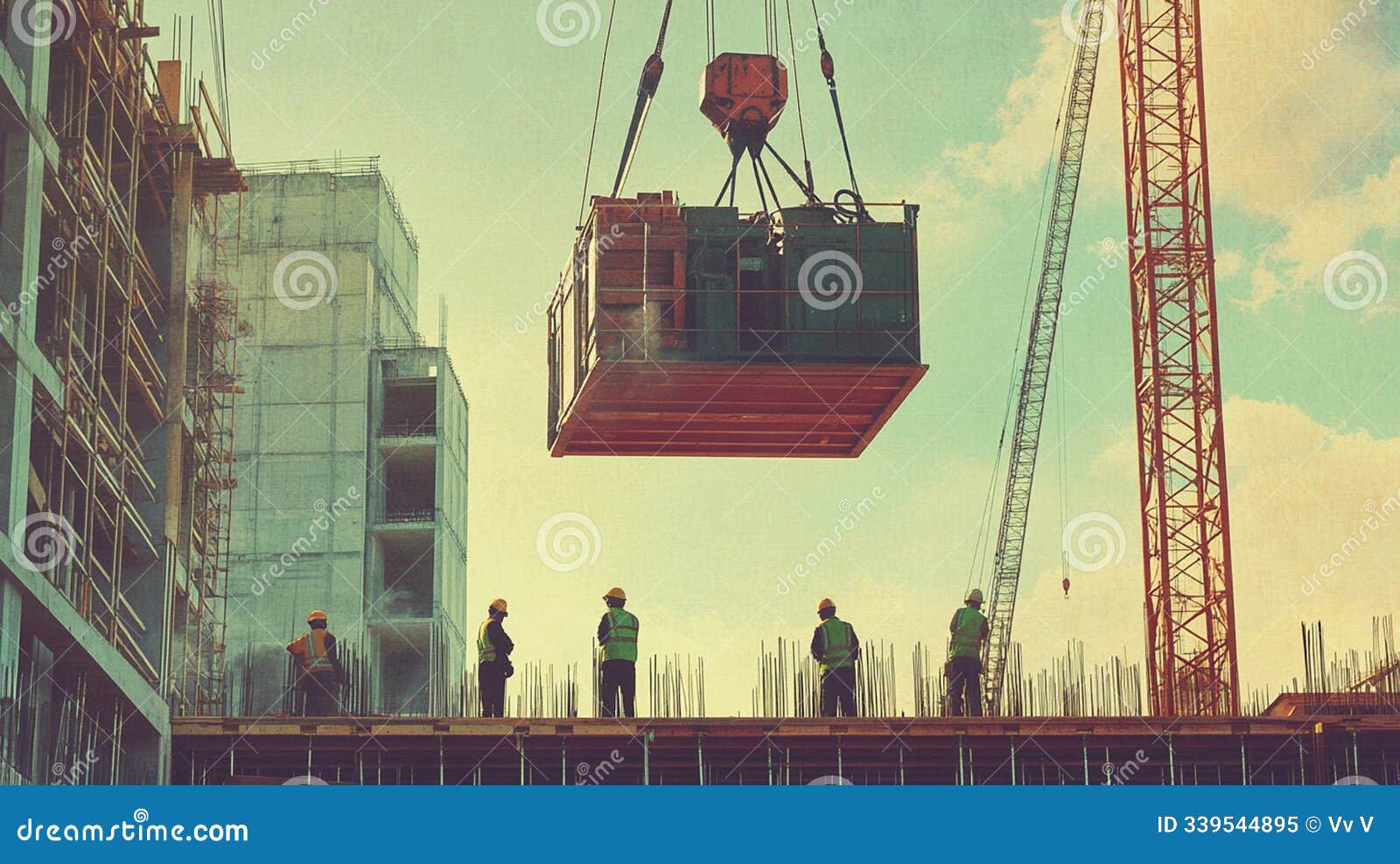 Construction Team Overseeing a Crane Operation Stock Illustration ...