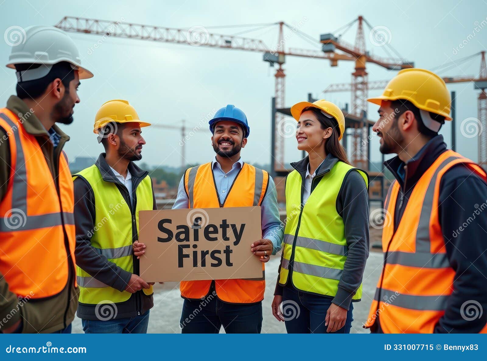 Construction Team Promoting Safety with a Sign at the Building Site ...
