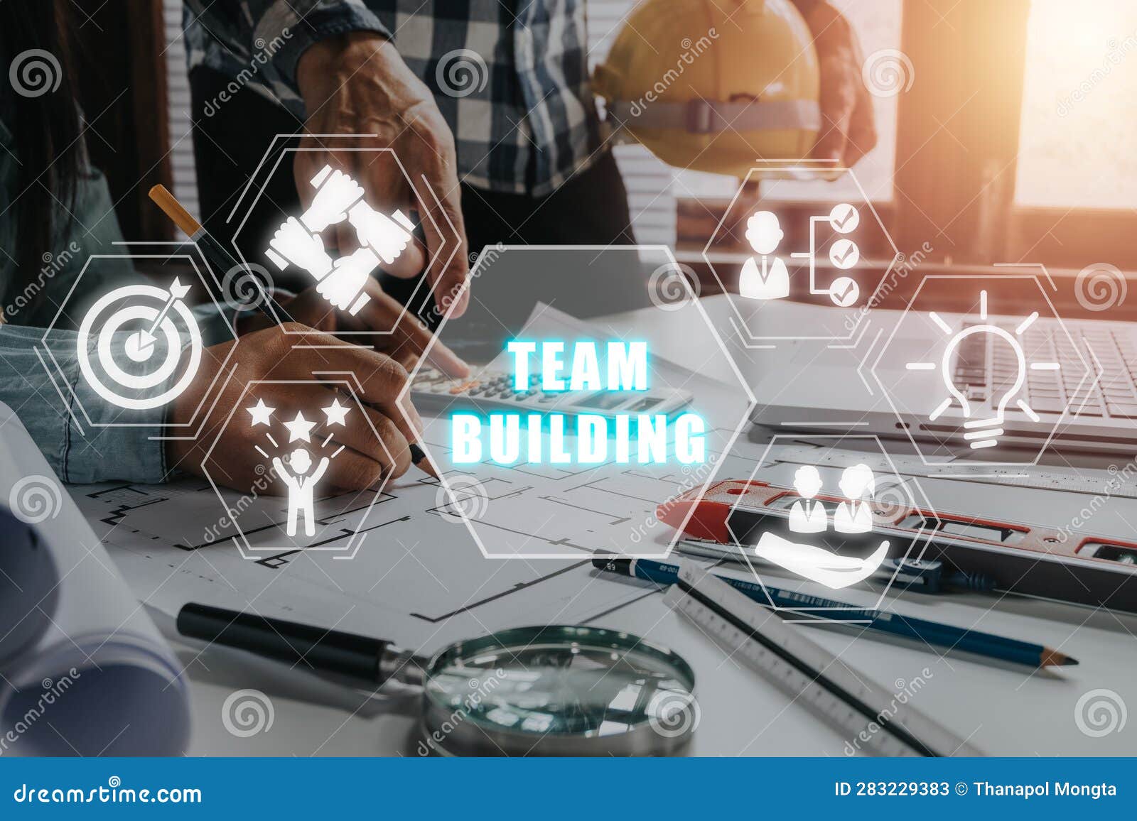 Construction Team Worker Working in Office with Team Building Icon on ...