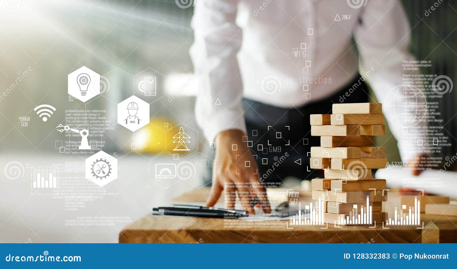 Construction Technology Concept. Engineer Working on Wooden Pla Stock ...