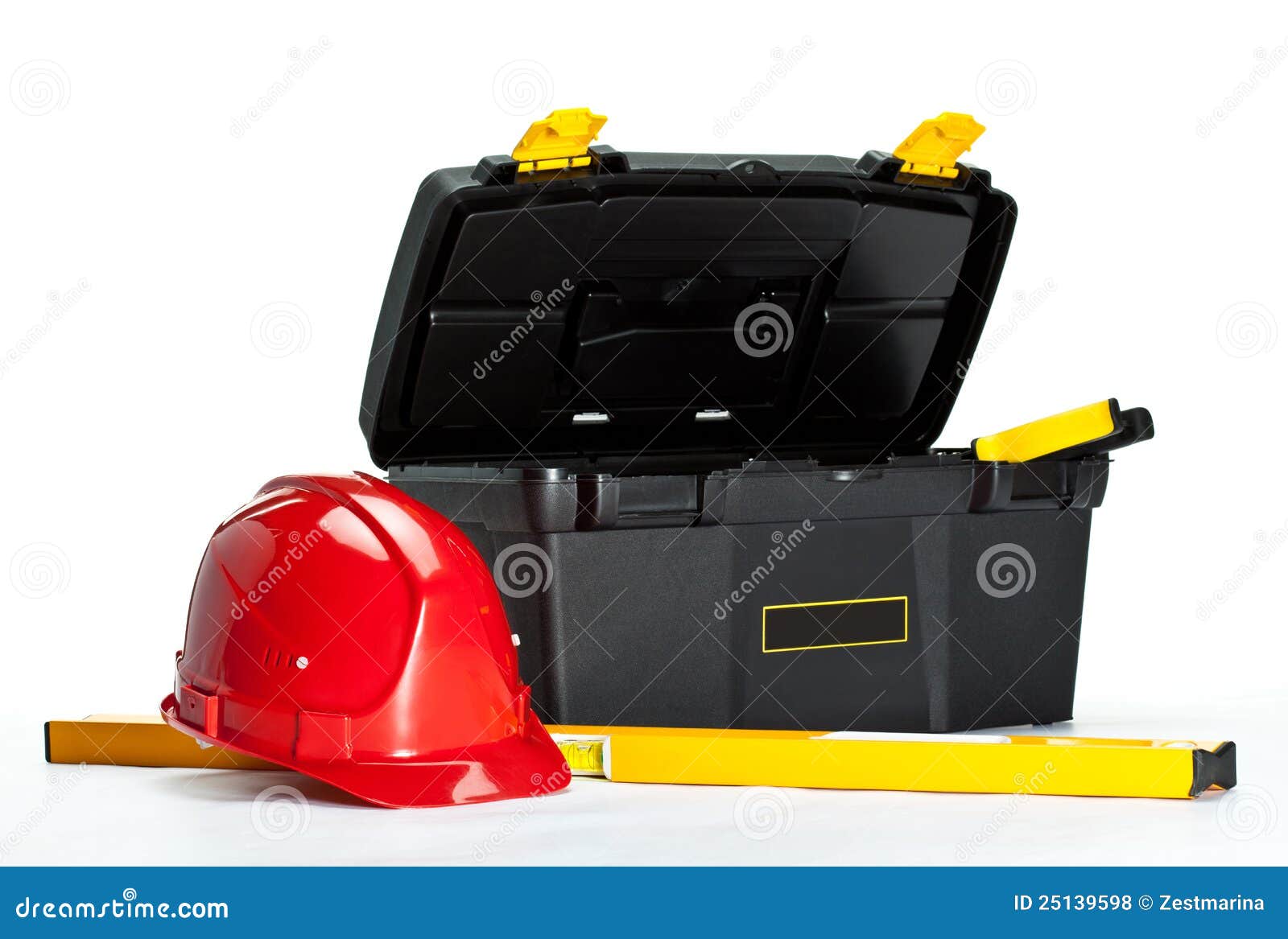 Construction Toolbox, Level and Red Hardhat Stock Photo - Image of ...