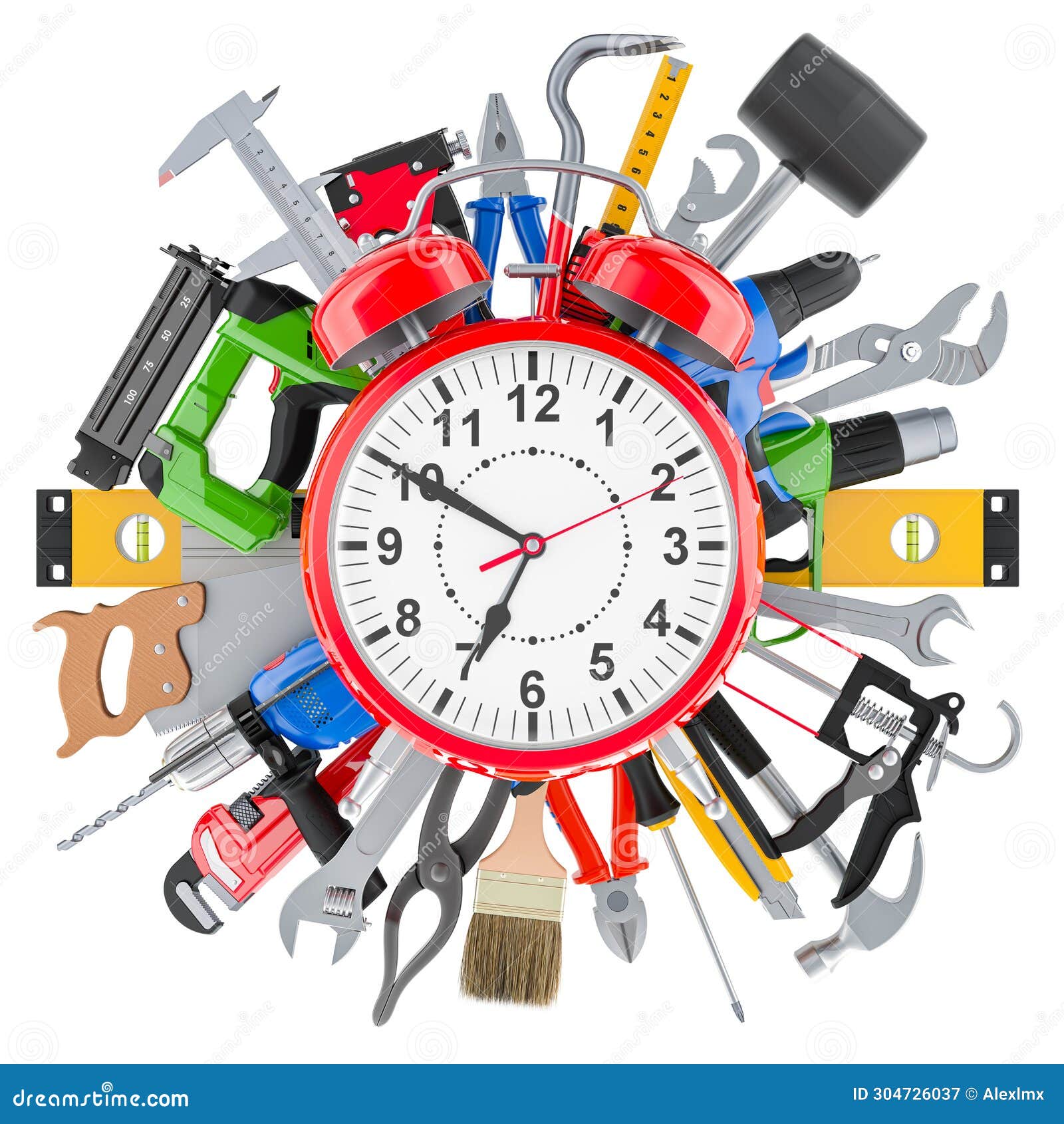 Construction Tools with Alarm Clock, 3D Rendering Stock Illustration ...