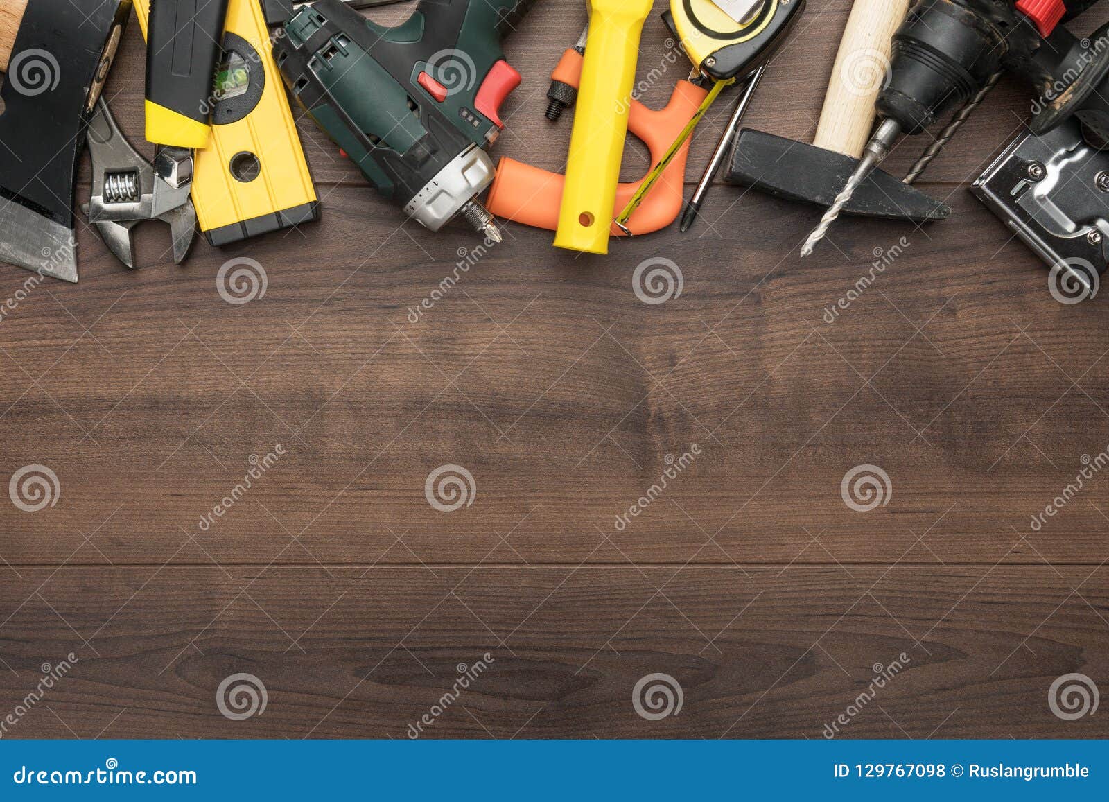 Different Construction Tools on Wooden Background with Copy Space. Diy ...