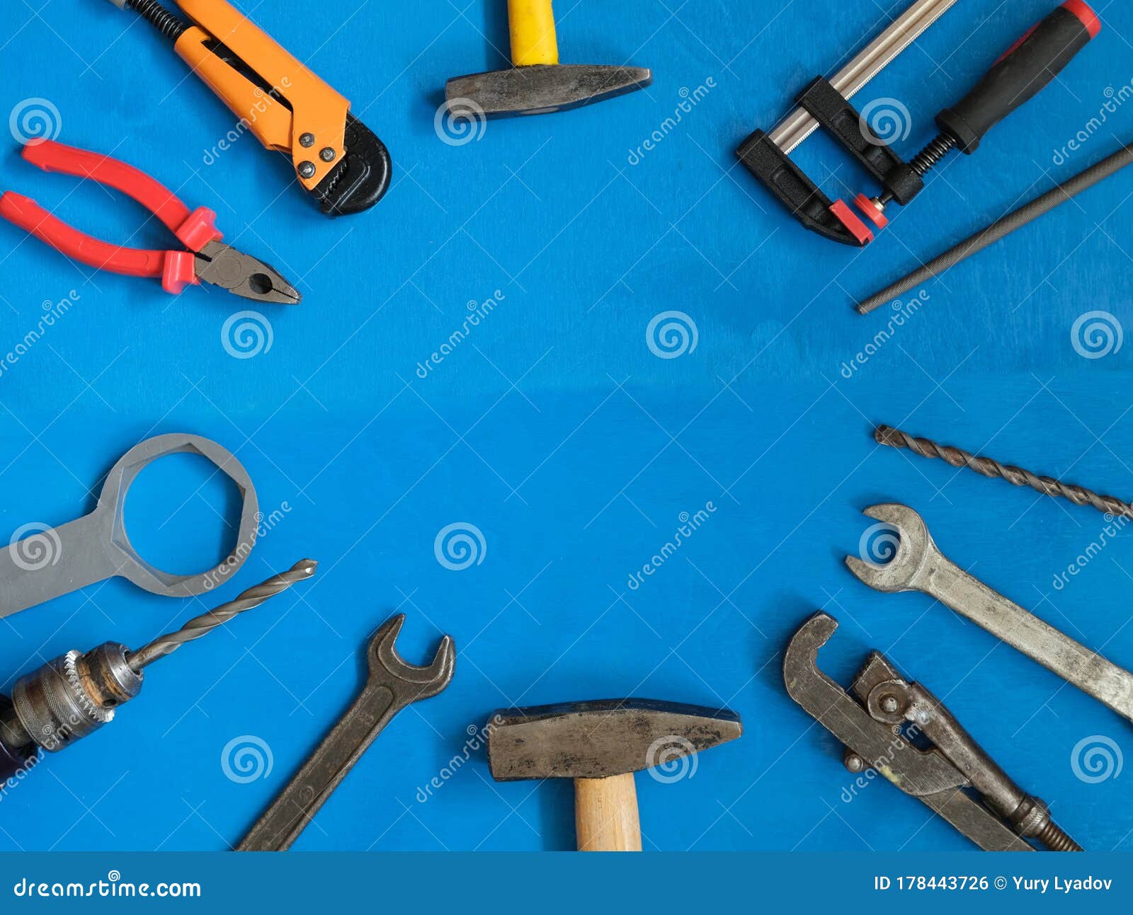 Construction Tools on a Blue Background, Top View Stock Photo - Image ...