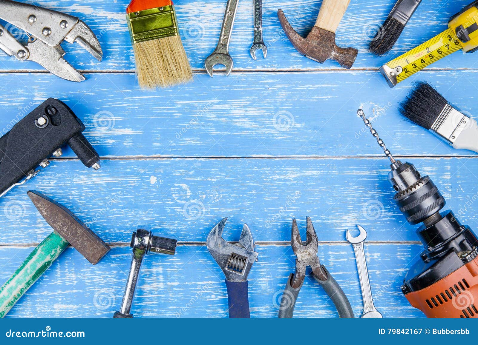 Construction Tools on Blue Wooden Table Background Copy Space ...