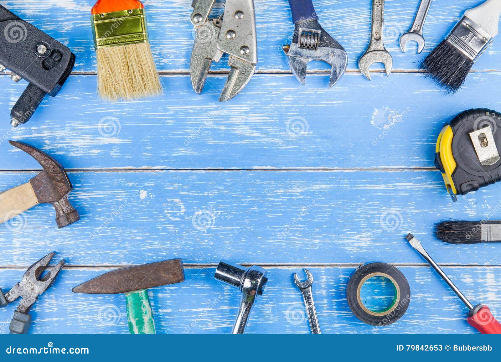 Construction Tools on Blue Wooden Table Background Copy Space ...