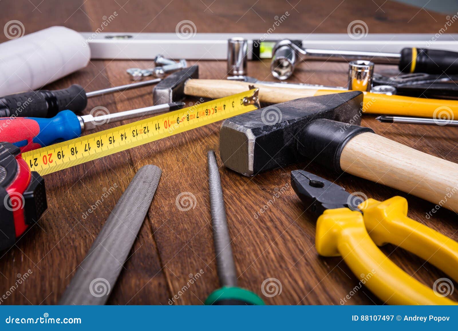 Construction Tools with Blueprint on Desk Stock Image - Image of nail ...