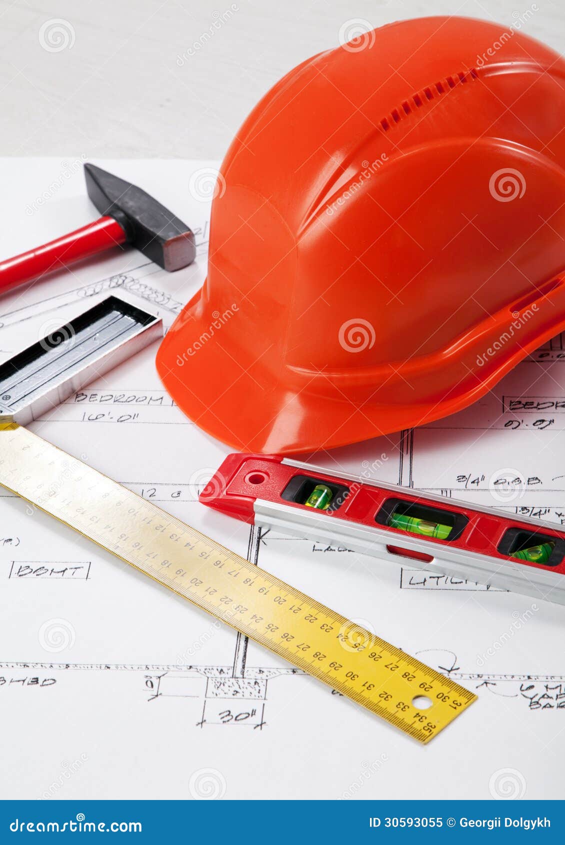 Construction Tools on a Blueprint Stock Image - Image of project, house ...