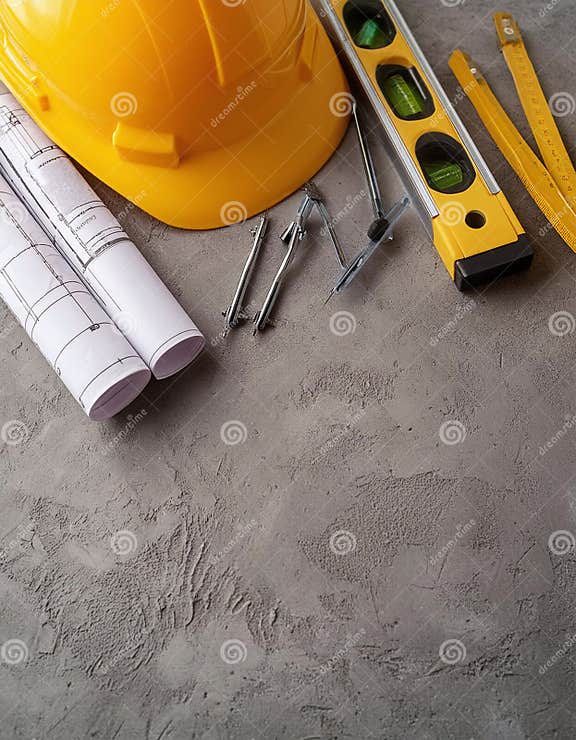 Construction Tools and Blueprints on a Concrete Surface Stock ...