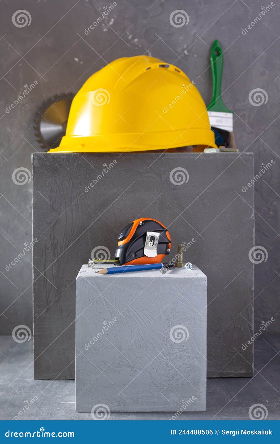 Construction Tools at Concrete Cube or Blocks Near Wall Background ...
