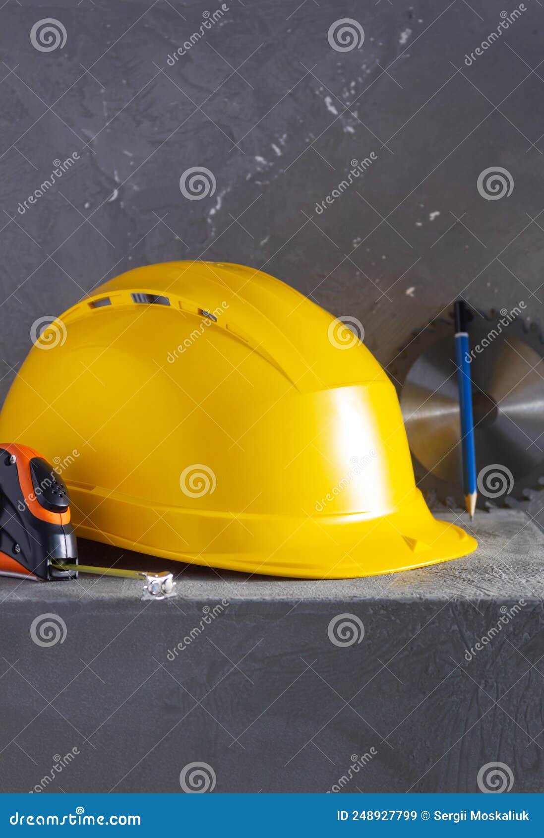 Construction Tools at Concrete Cube or Blocks Near Wall Background ...