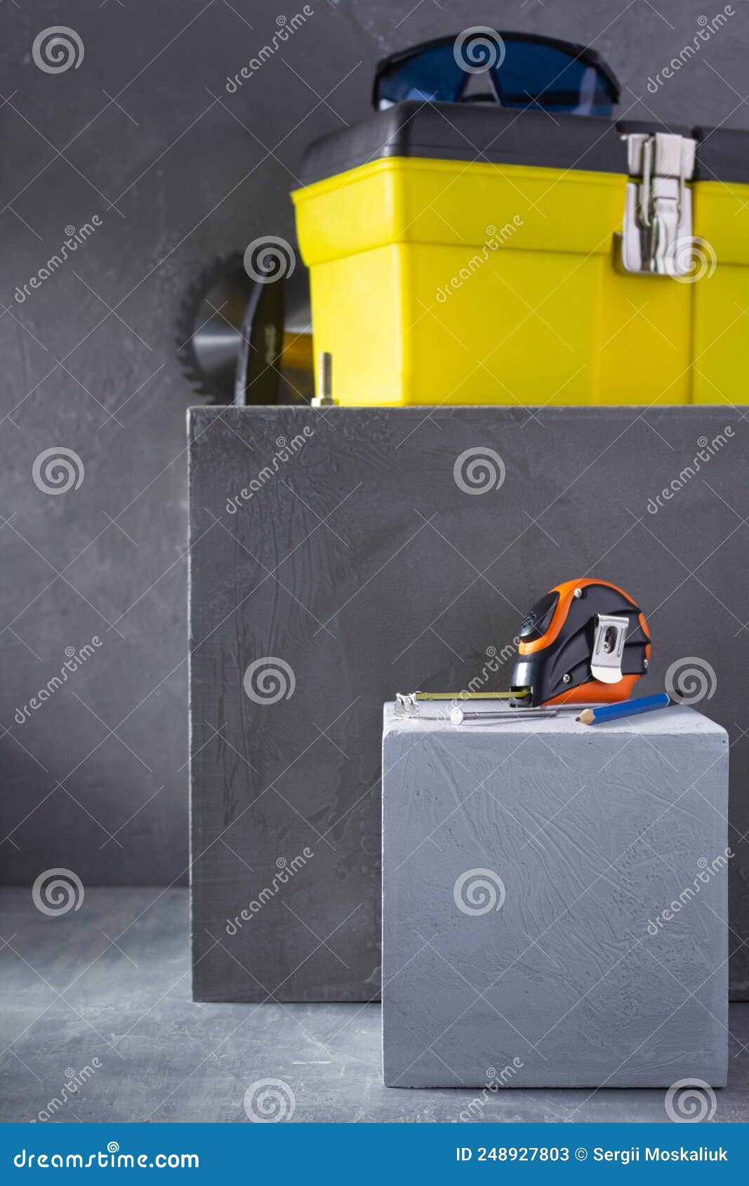 Construction Tools at Concrete Cube or Blocks Near Wall Background ...