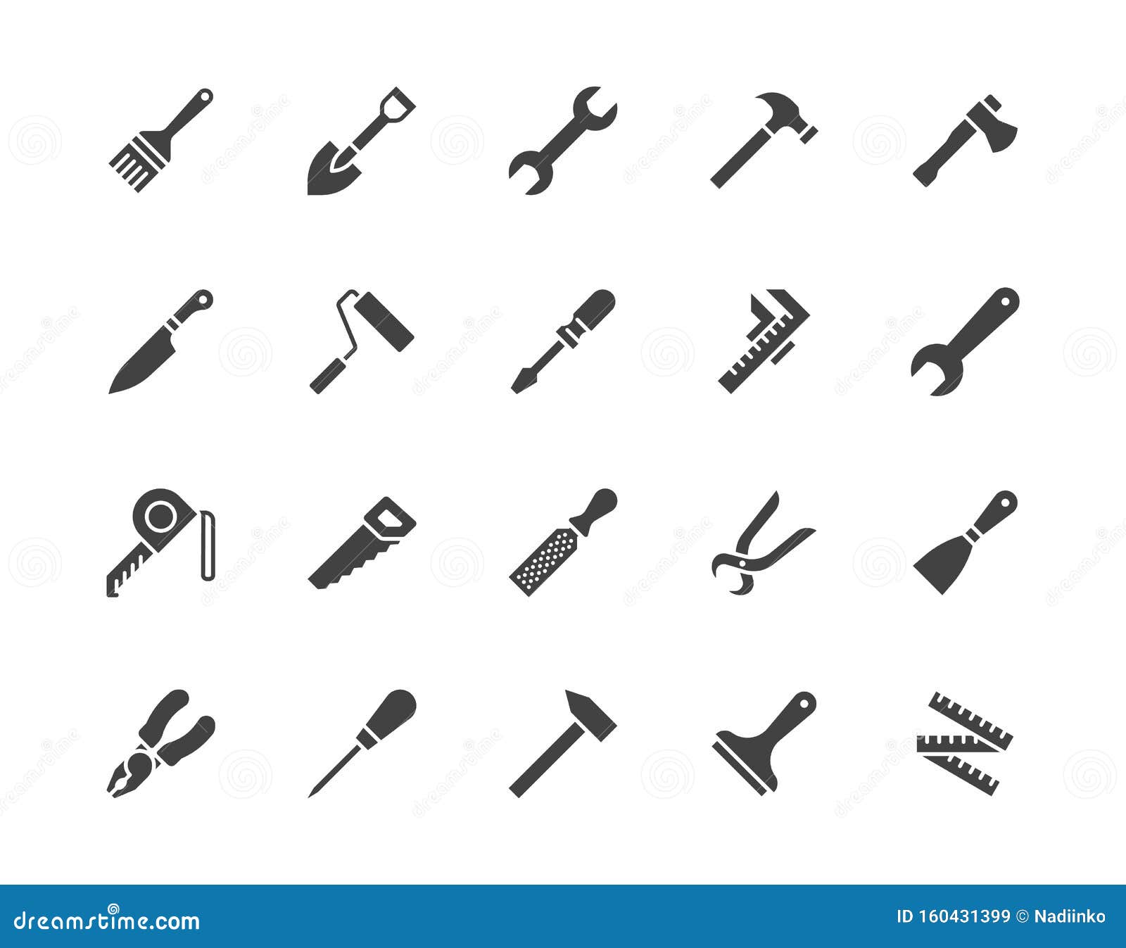Construction Tools Flat Glyph Icons Set. Hammer, Screwdriver, Saw, Spanner, Paintbrush Vector ...