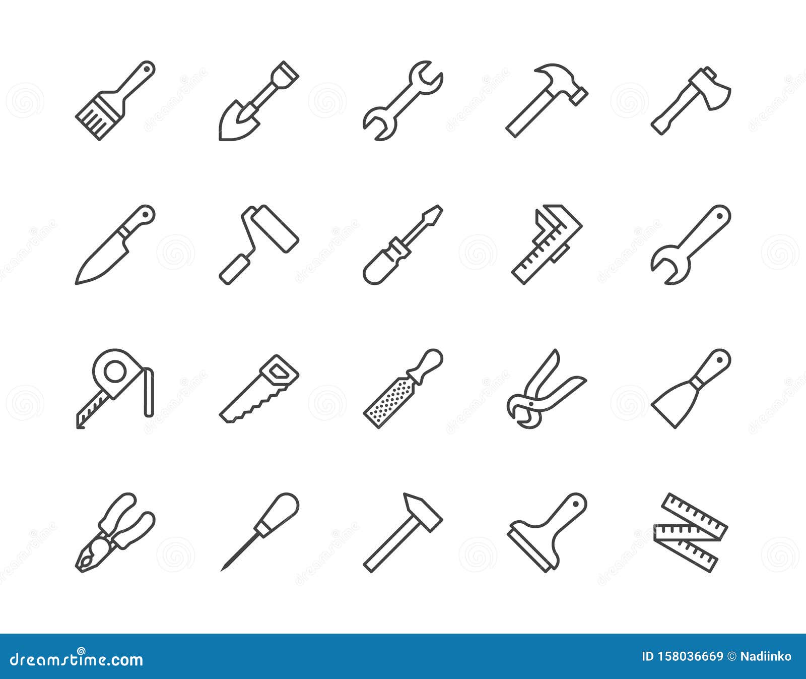 Construction Tools Flat Line Icons Set. Hammer, Screwdriver, Saw ...