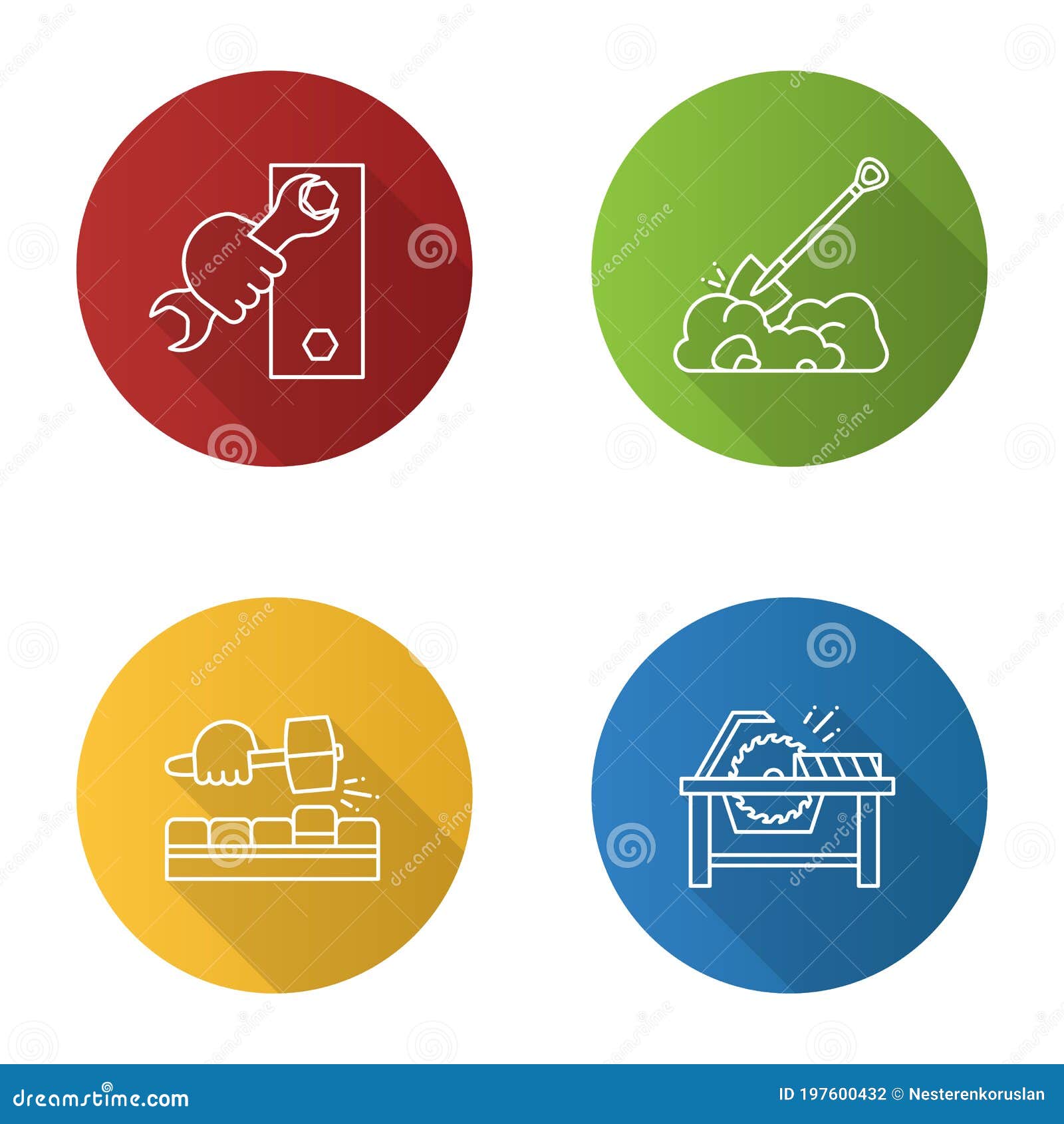 Construction Tools Flat Linear Long Shadow Icons Set Stock Vector ...