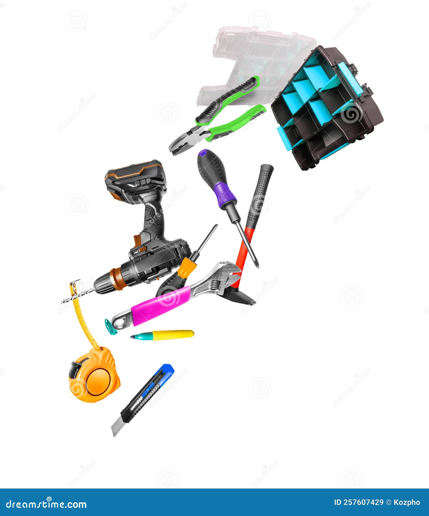 Construction Tools Fly Out from the Plastic Organizer Isolated on a ...