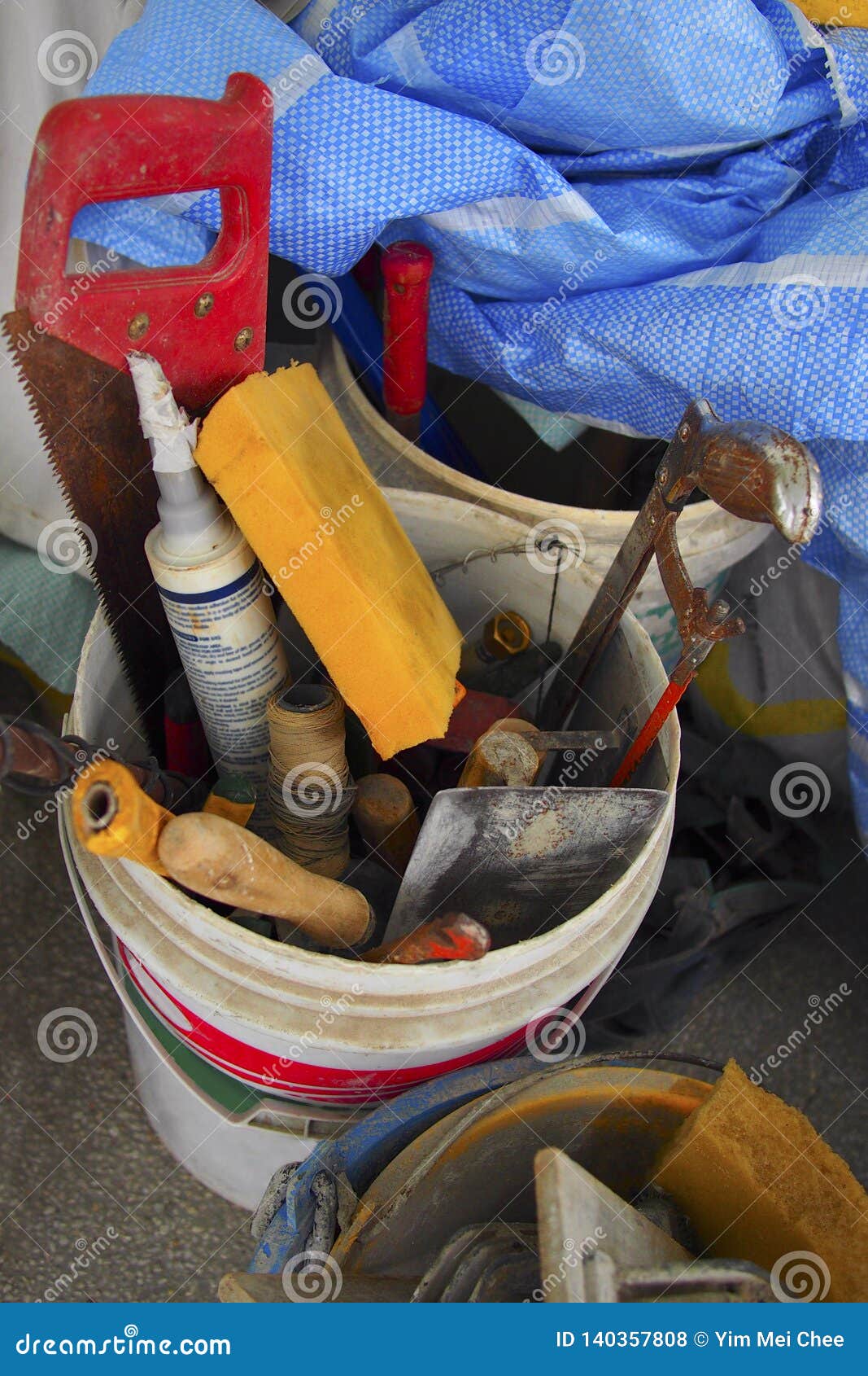 Plastic Cement Buckets with Other Construction Tools Stock Photo ...