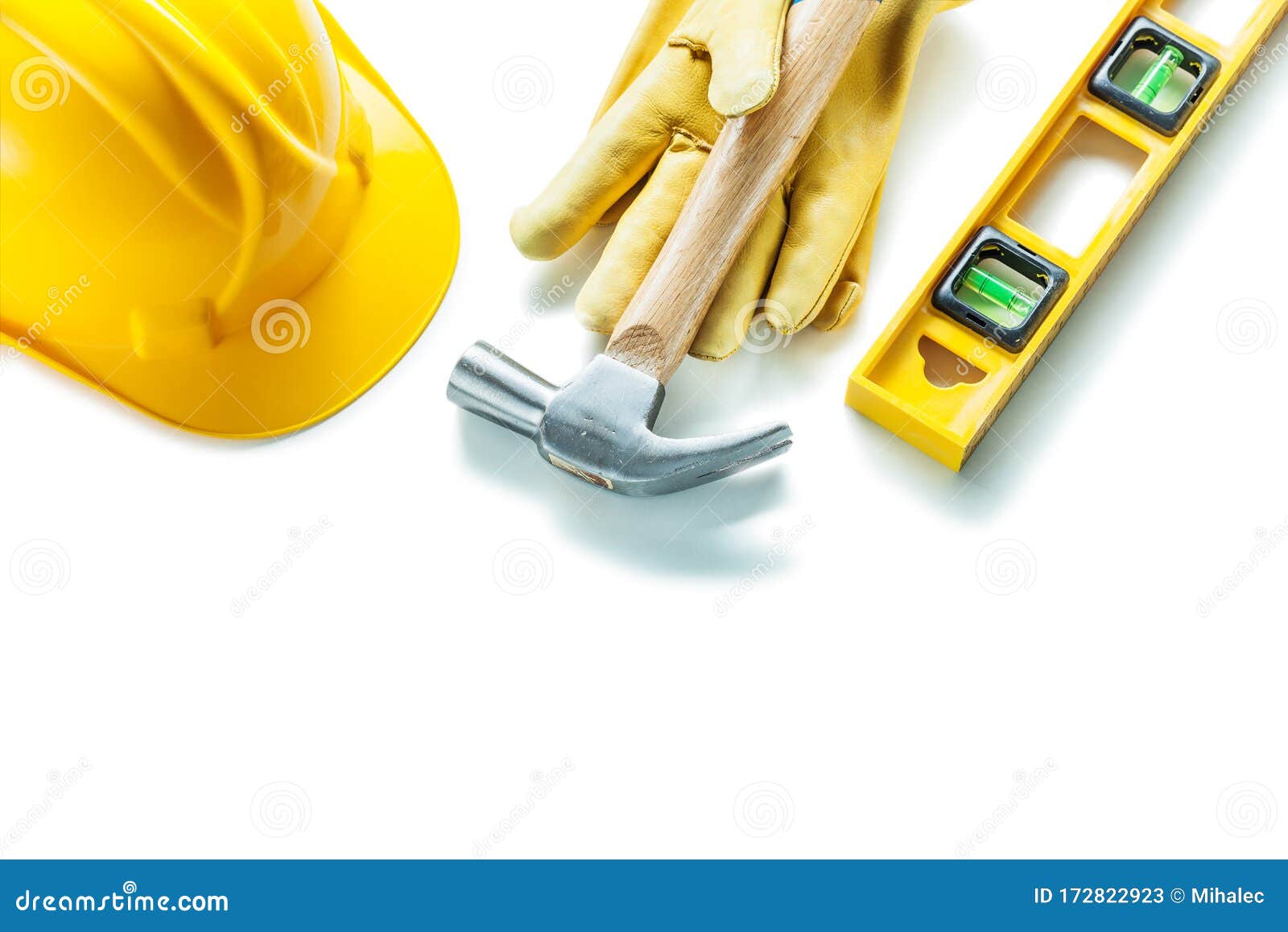 Construction Tools Isolated on White Level Hammer Gloves Helmet Stock ...