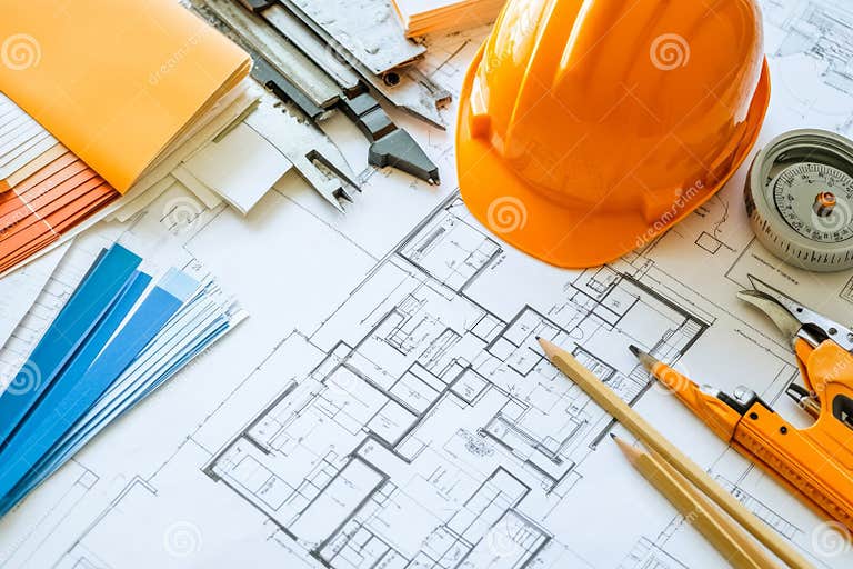 Construction Tools and Plans Layout on the Table. an Orange Hard Hat ...