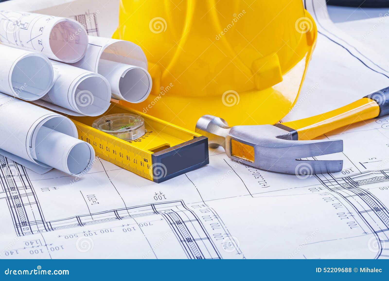 Construction Tools Rolled Blueprints Level Claw Stock Photo - Image of ...