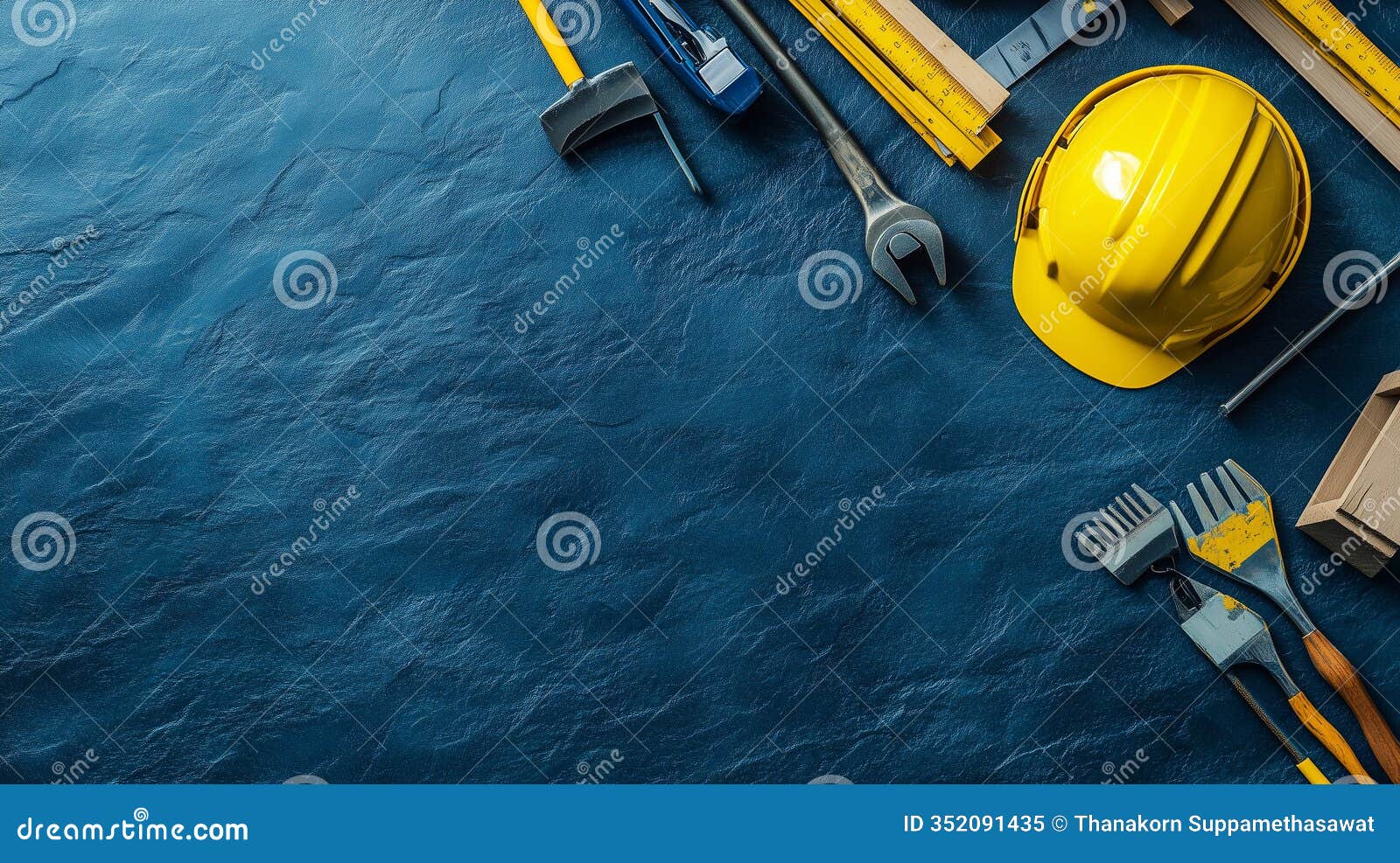 Construction Tools and Safety Gear on Blue Background, Ready for Use ...