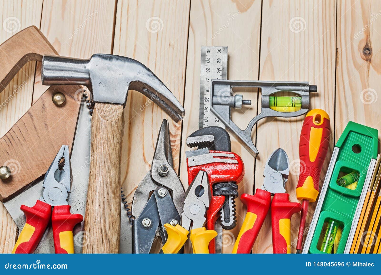 Construction Tools Set on Wood Boards Close Up View Stock Photo - Image ...