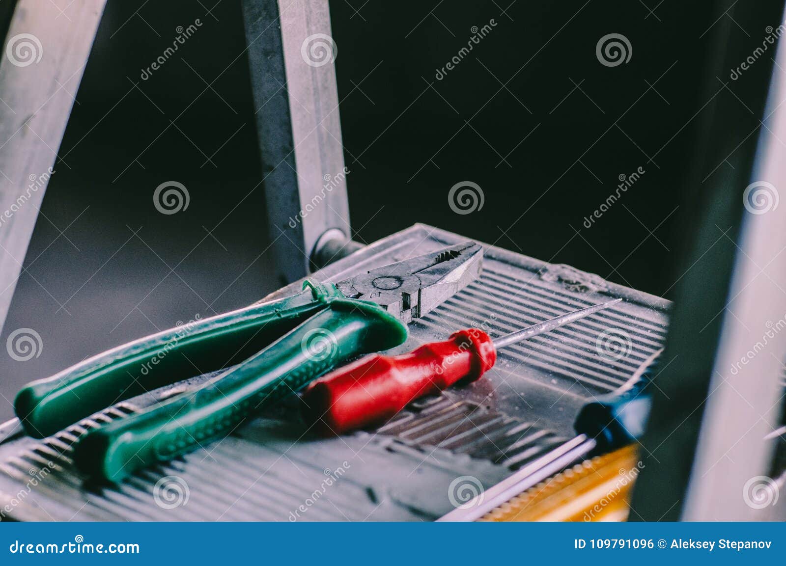 Construction Tools on a Dark Background Stock Photo - Image of board ...