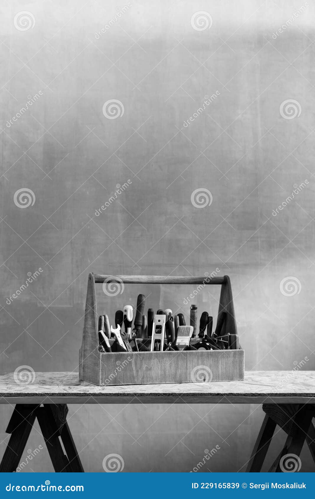 Construction Tools and Toolbox on Wooden Table Background. Tools Kit ...