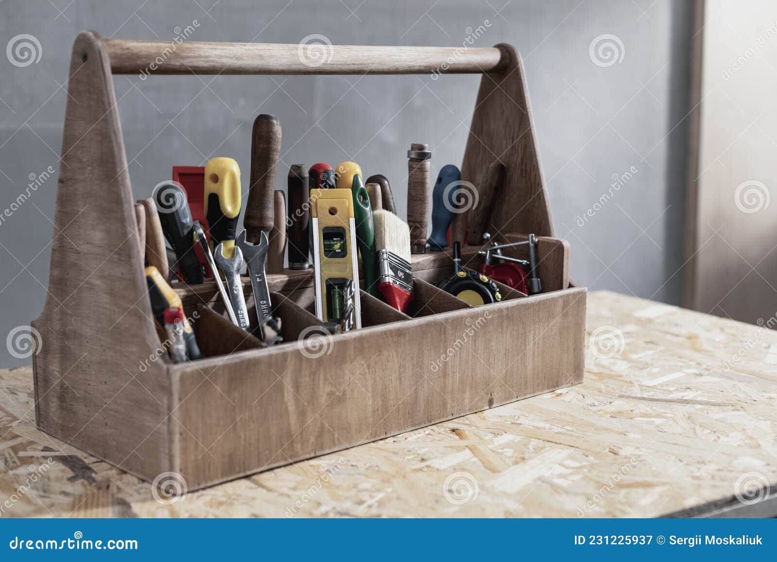 Construction Tools and Toolbox on Wooden Table Background Texture. Tool ...