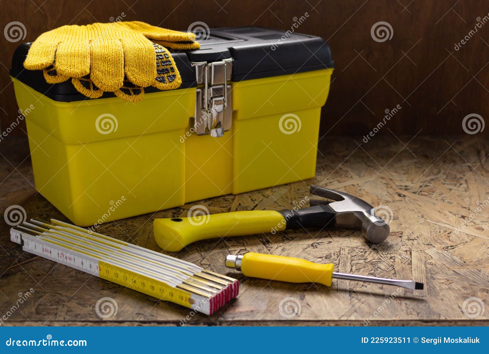 Construction Tools and Toolbox on Wooden Tablel Background Texture ...