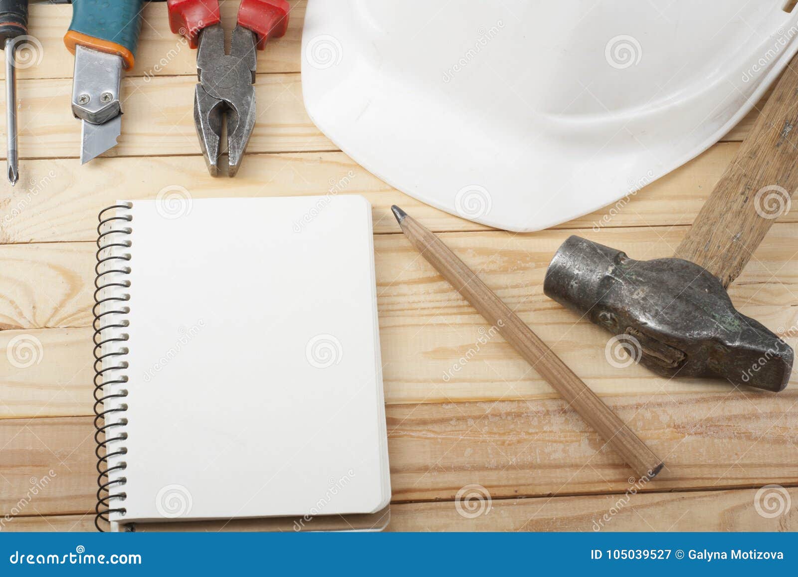 Construction Concept. Work Tools, White Helmet, Notepad and Pencil on ...