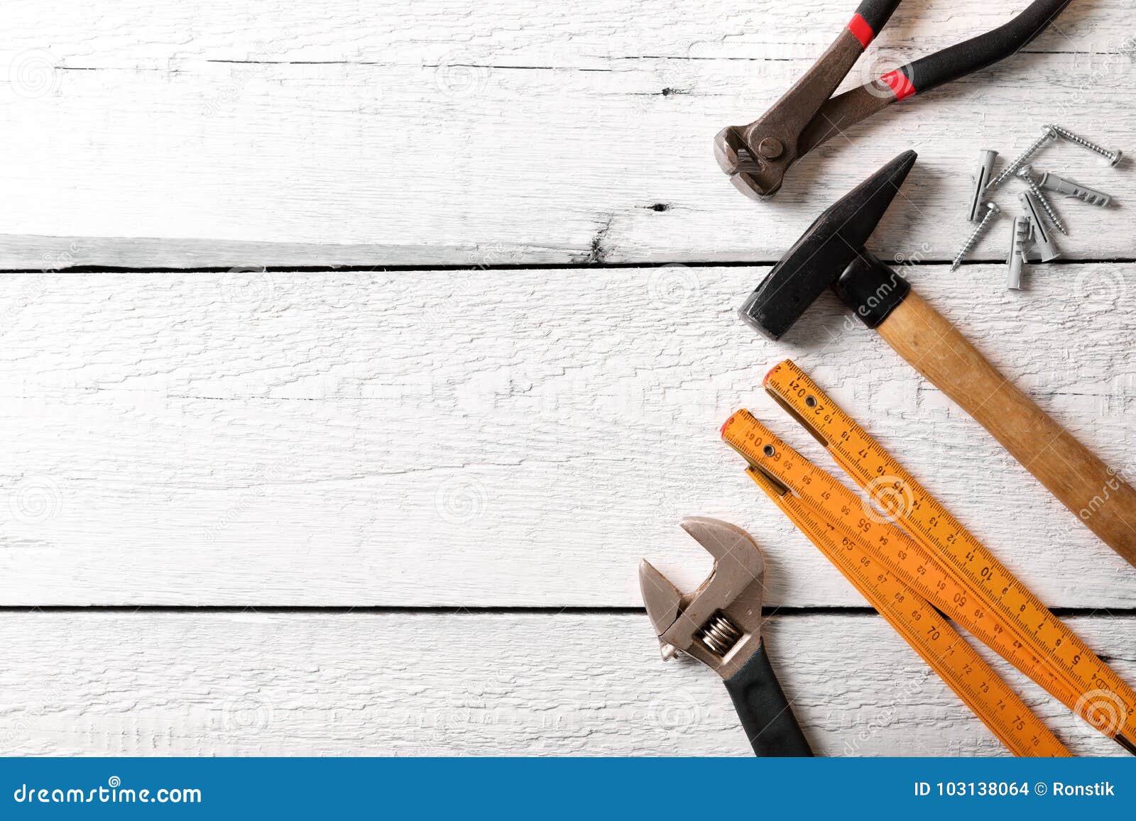 Construction Tools on White Wood Background with Copy Space Stock Photo ...