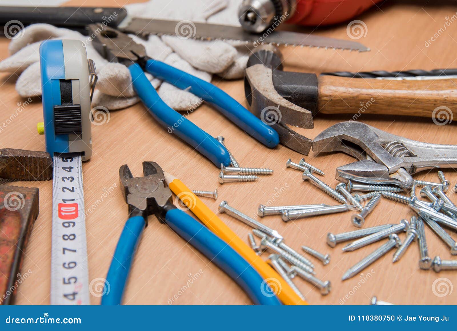 Construction Tools on Wooden Desk Stock Photo - Image of renovation ...