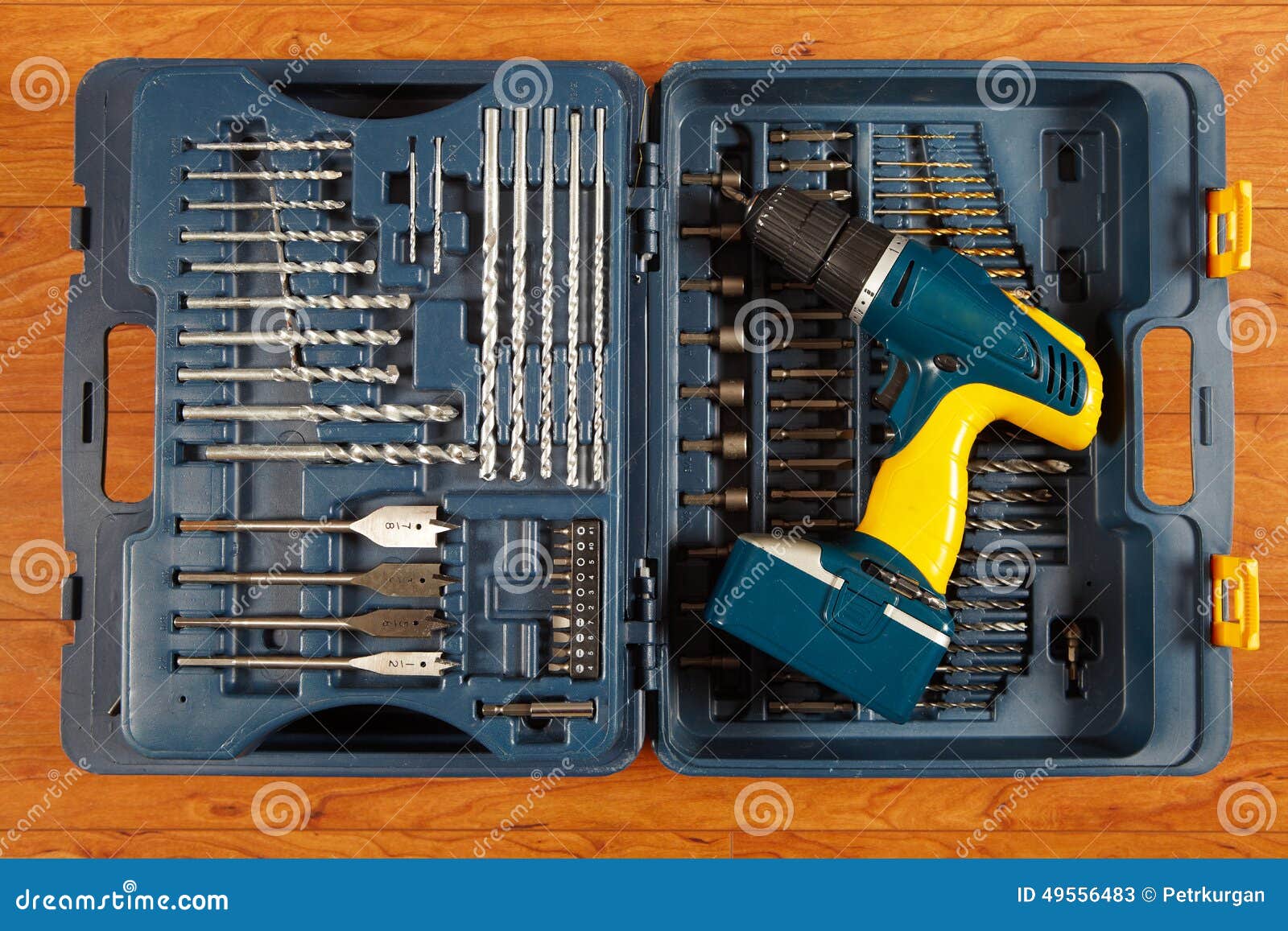 Construction Tools on the Wooden Floor. Drill Stock Image - Image of ...