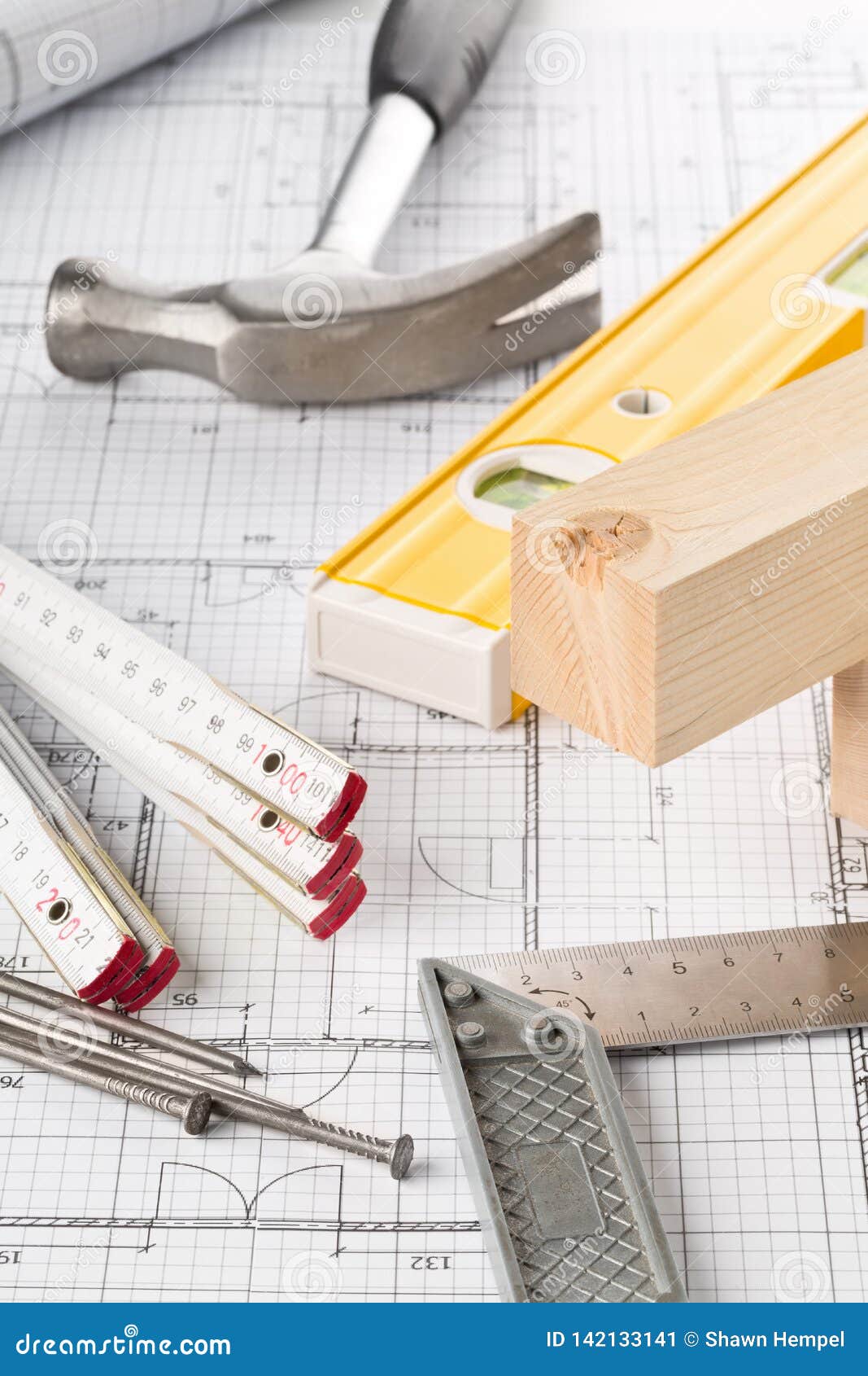 Construction Tools and Wooden Strips on Architectural Blueprint House ...