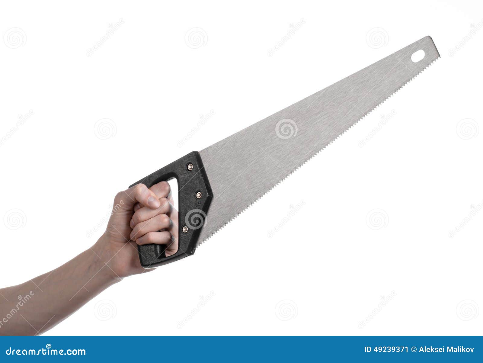 Construction Topic: Hand Holding A Saw With A Black Pen On A White ...