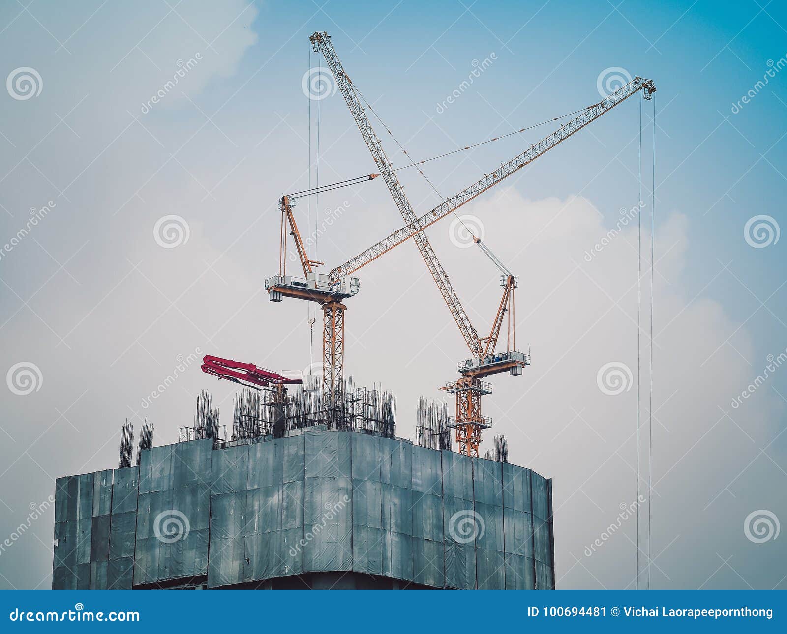 Construction Tower Canes Over Construction Site Stock Image - Image of ...