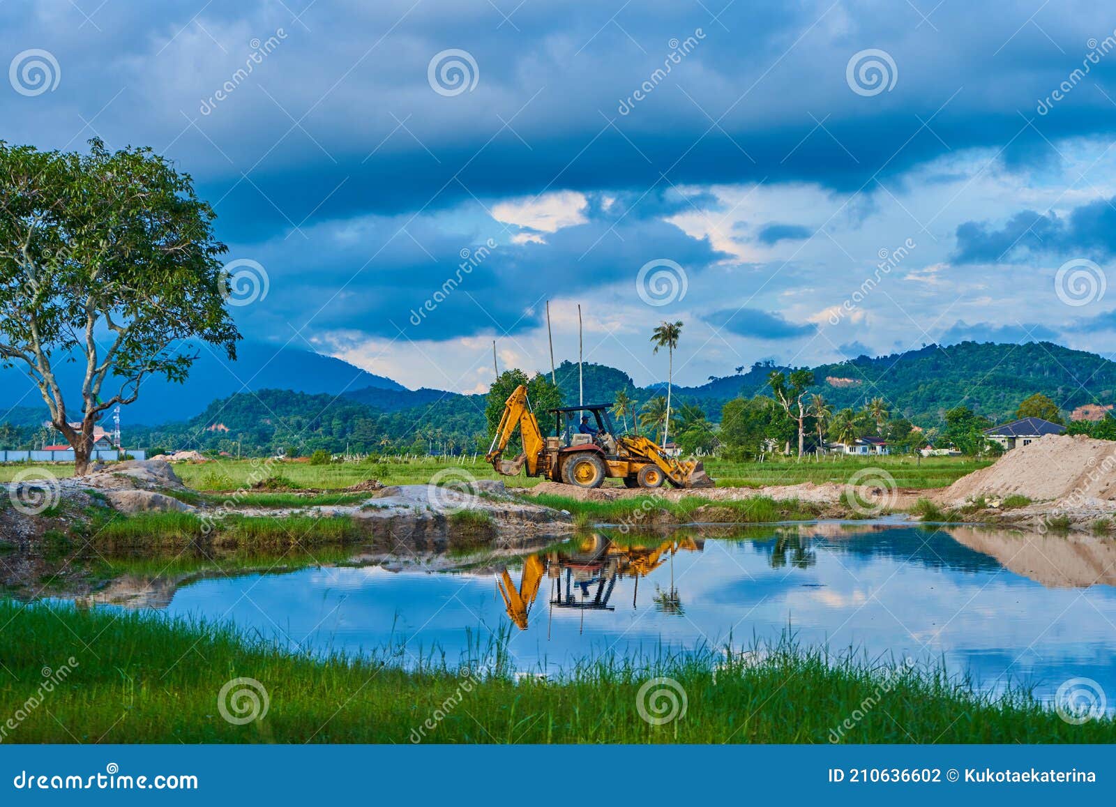 A Construction Tractor Works in a Field on a Tropical Island. Start of ...