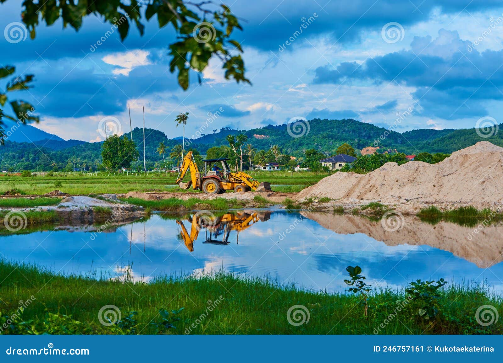 A Construction Tractor Works in a Field on a Tropical Island. Start of ...