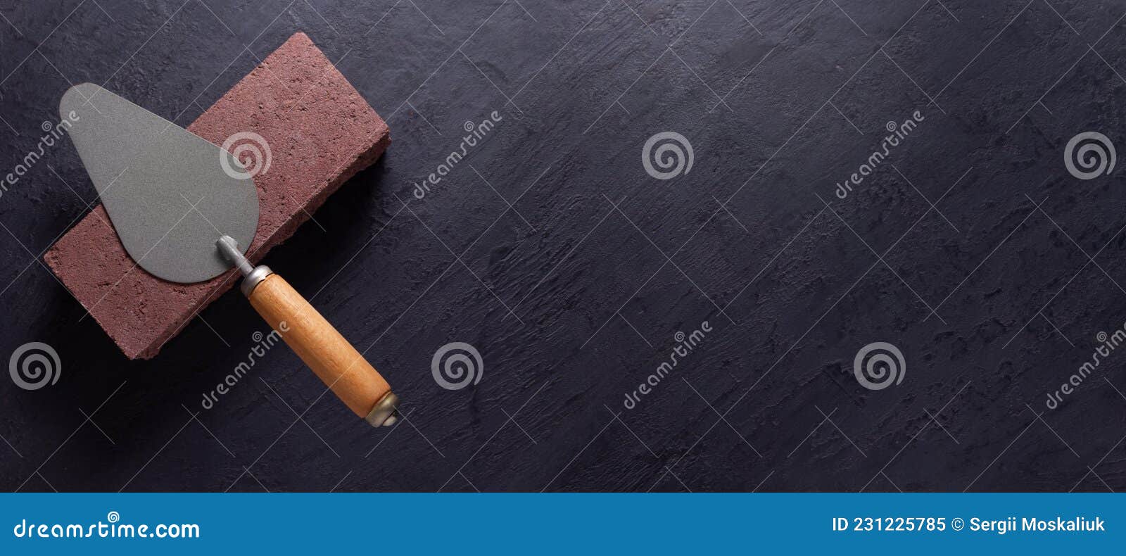 Construction Trowel Tool at Brick at Black Background. Mason and Bricks ...