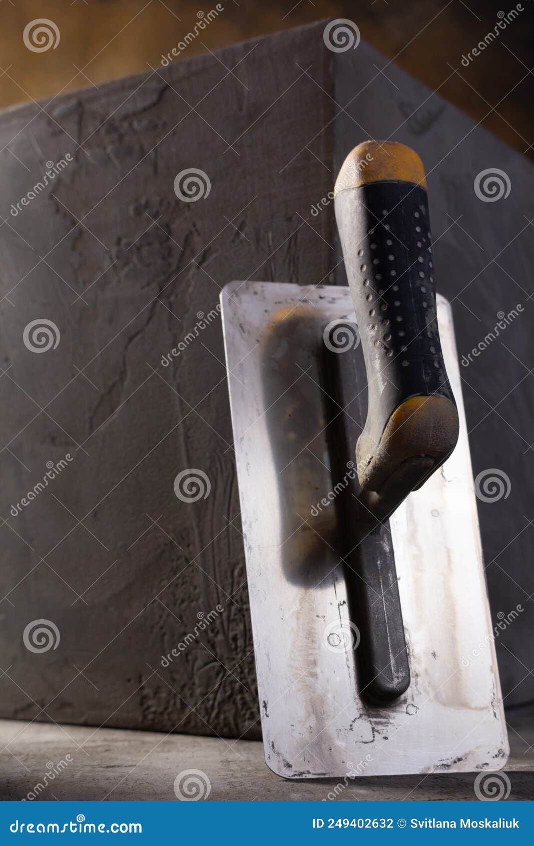 Construction Trowel Tool at Cement Background. Mason Tool on Concrete ...
