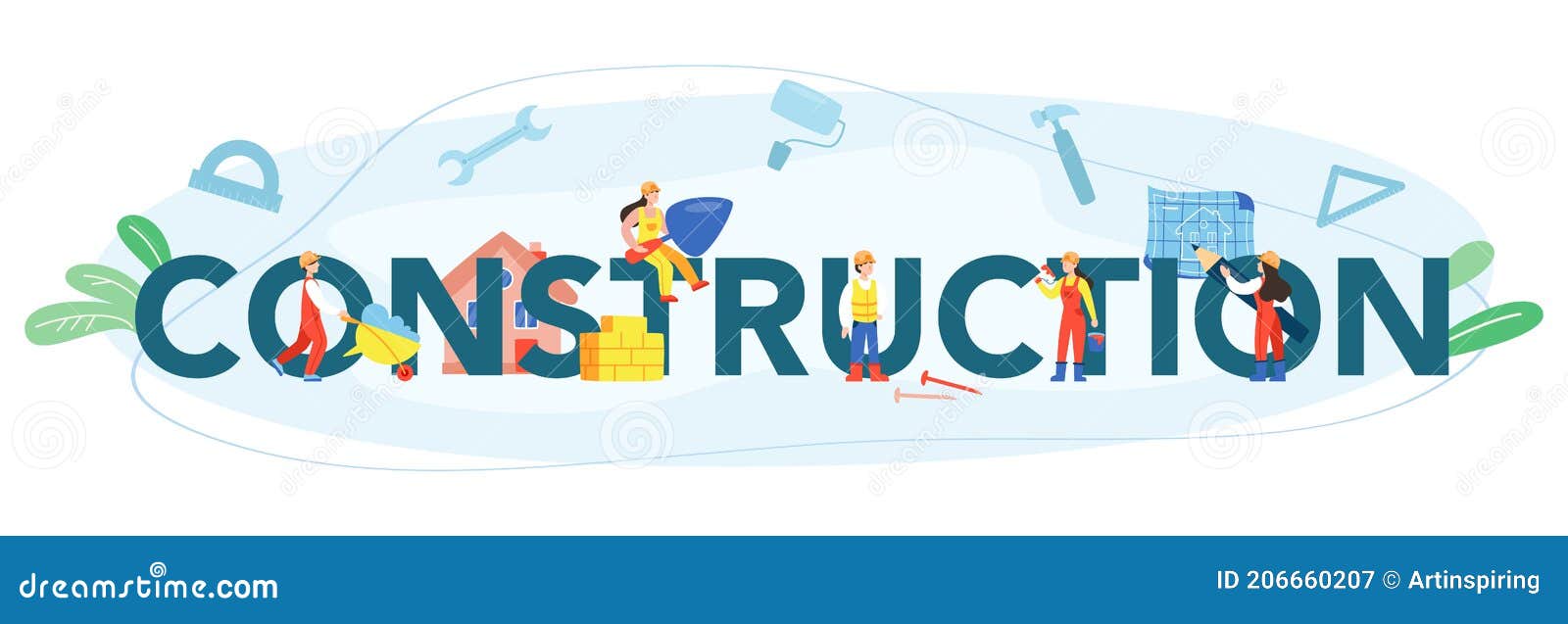 Construction Typographic Header. Workers Building Home with Tools Stock ...