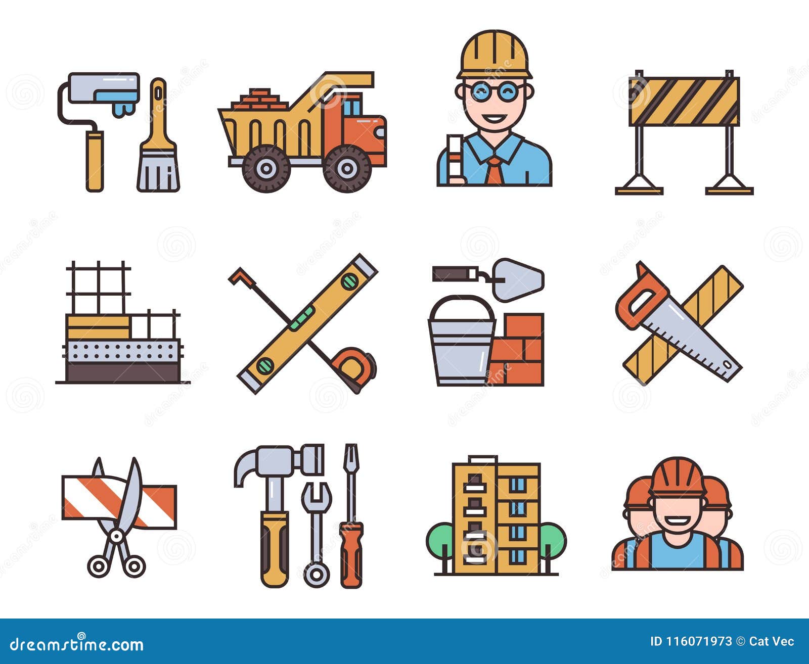 Construction Vector Linear Icons Universal Building Elements and Worker ...