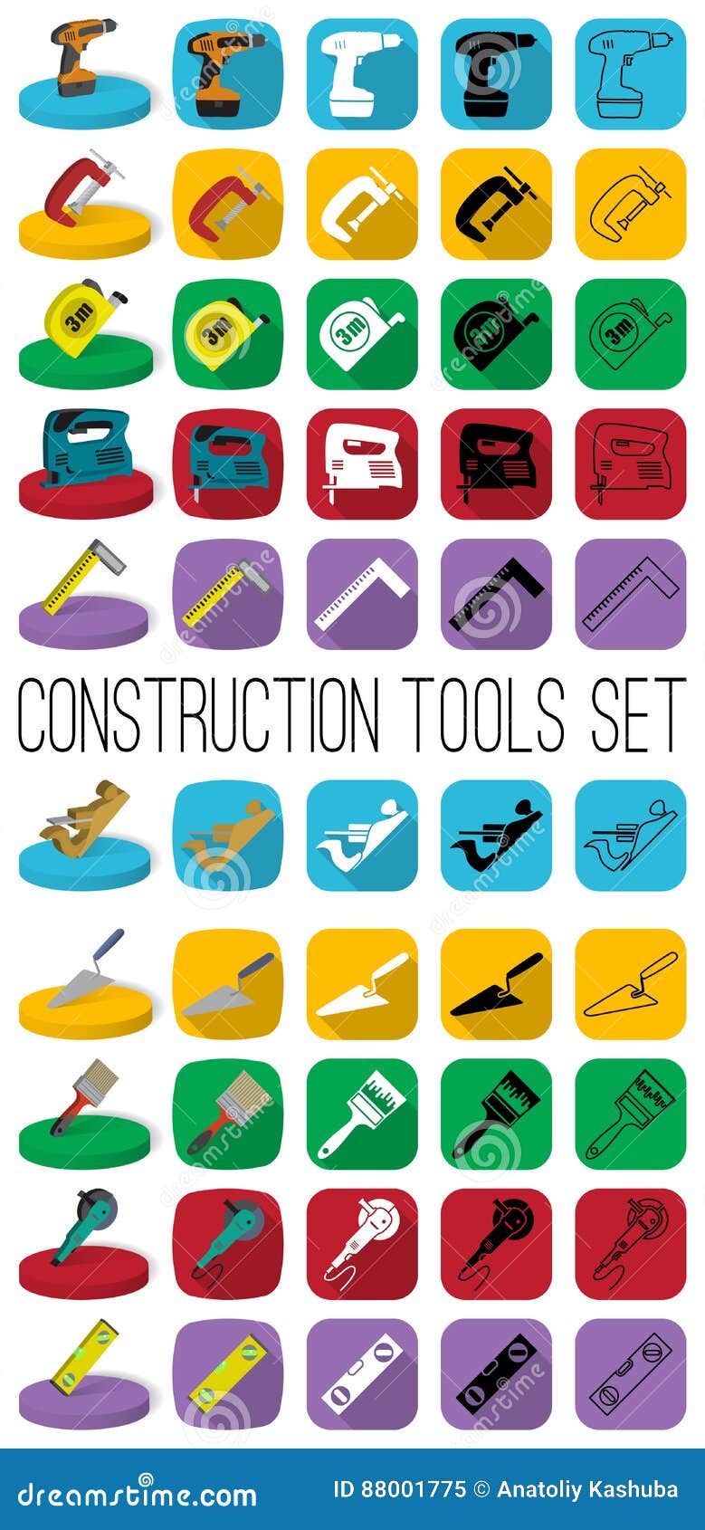 Construction Vector Tools Set in Different Style: Outline, Black and ...