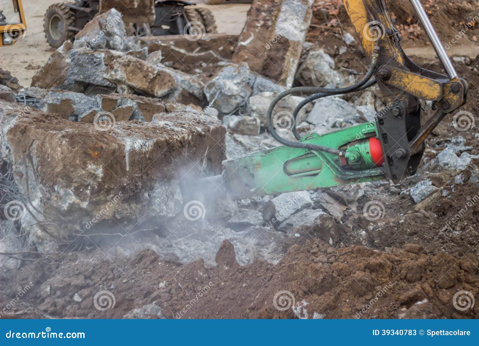 Construction Vehicle with Hydraulic Hammer Breaking Concrete Stock ...