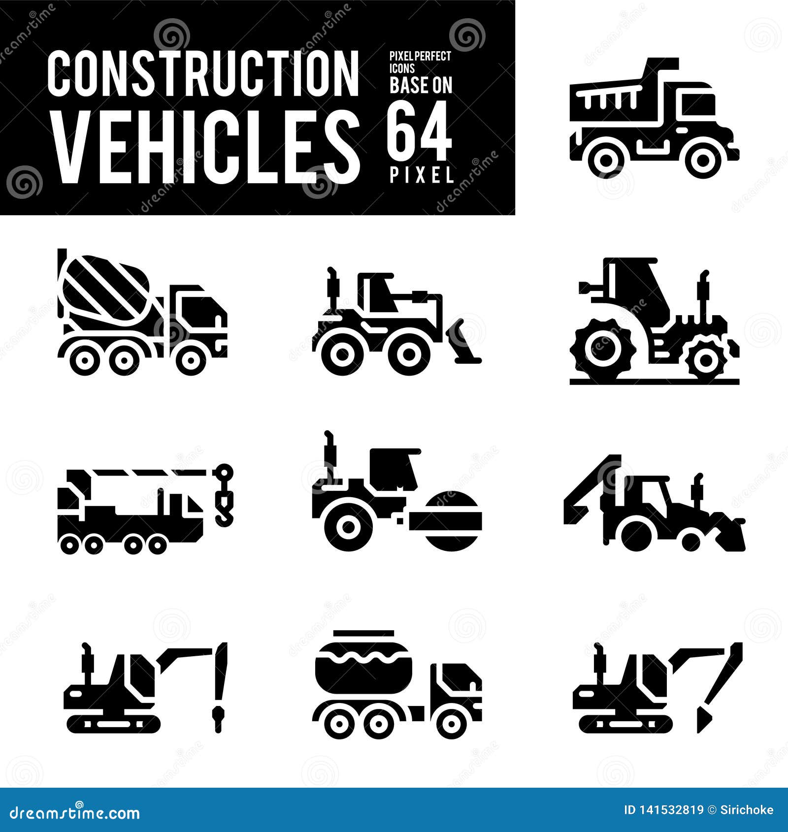 Construction Vehicle and Transport Glyph and Solid Icons. Stock Vector ...