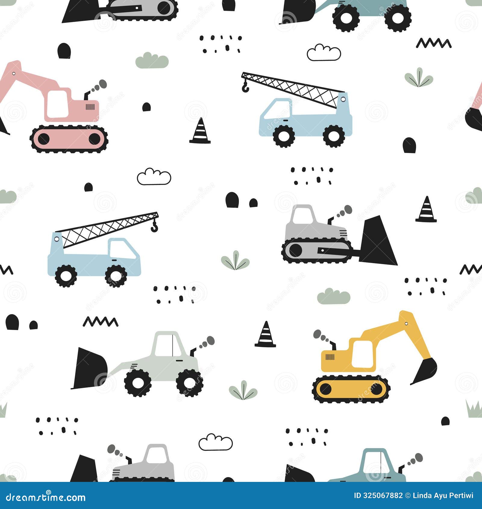 Construction Vehicles Baby Seamless Pattern Vector with Crane, Loader ...