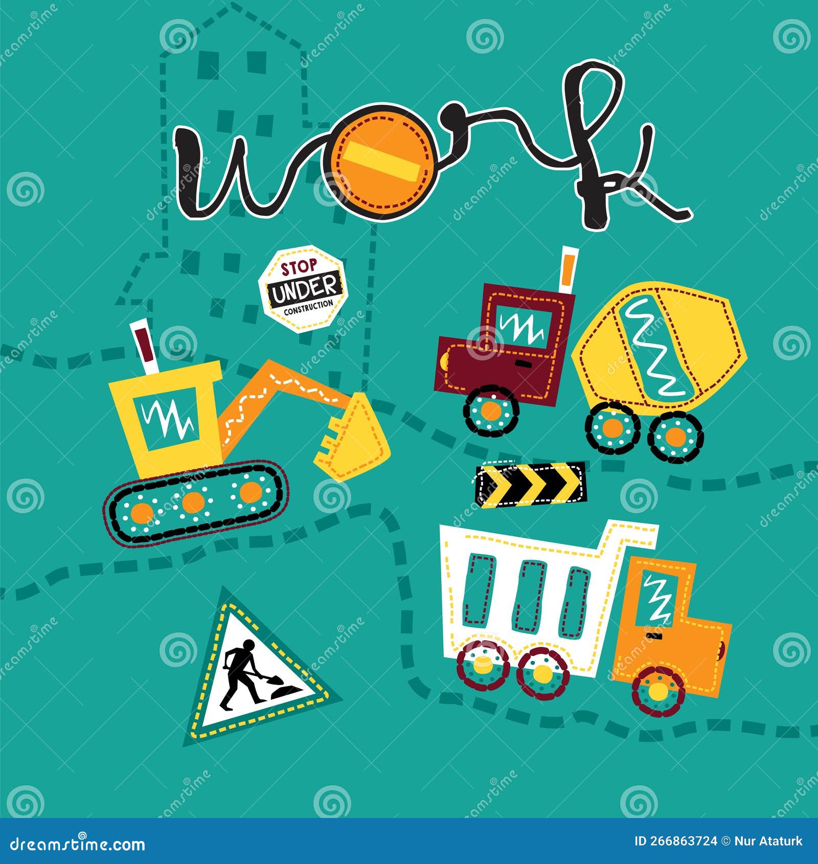 Construction Vehicles Cartoon in Build Process with Construction Signs ...