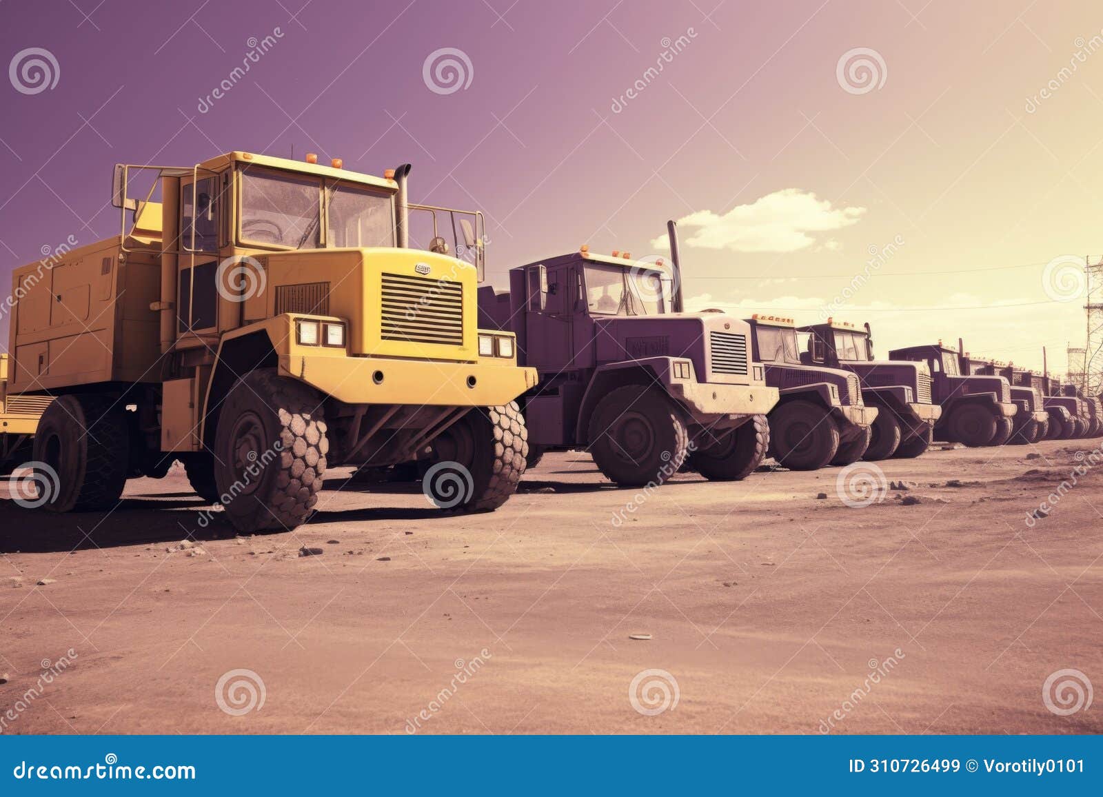 Construction Vehicles Parked in Line at an Industrial Site. Large ...