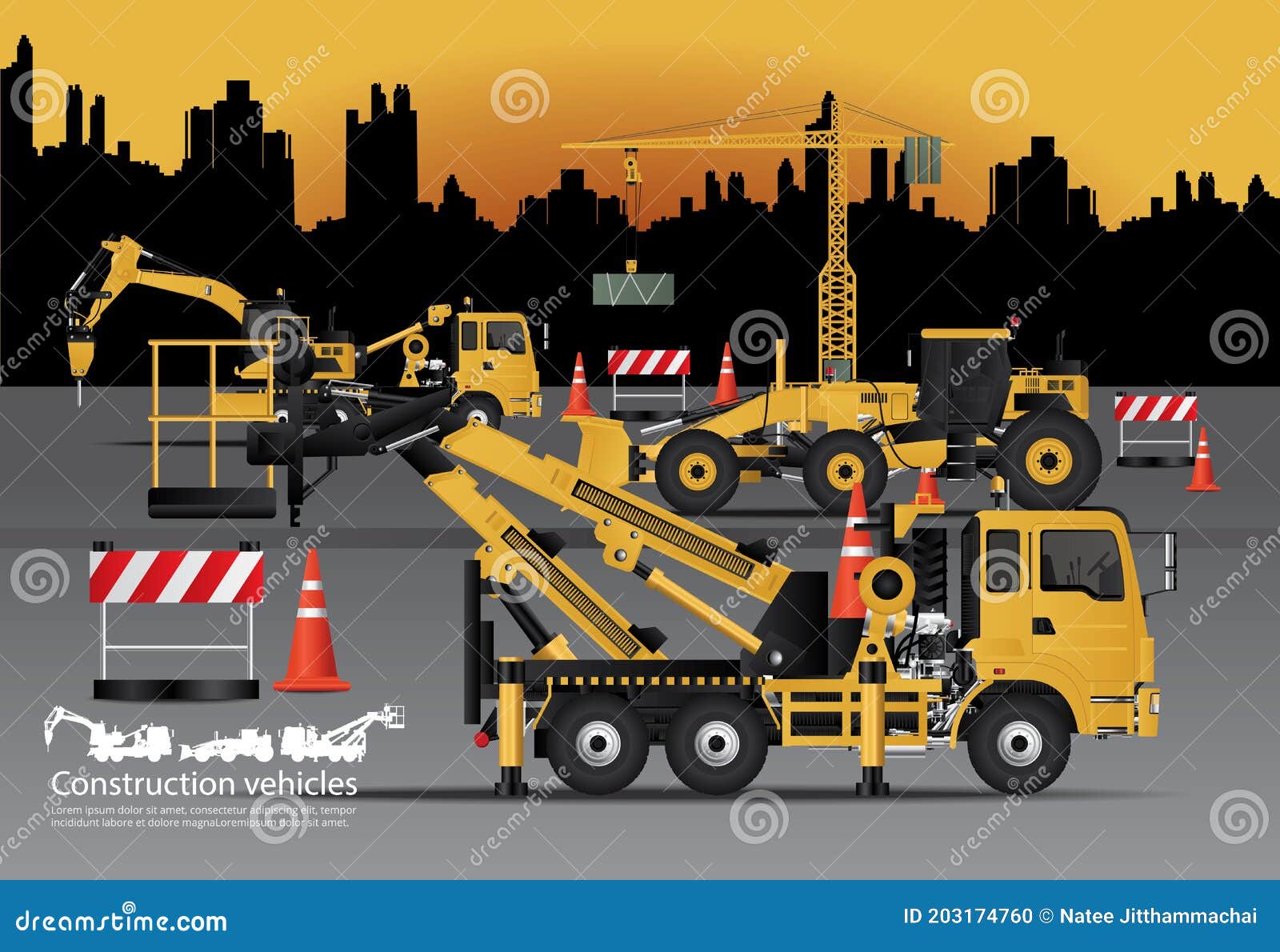Construction Vehicles Set with Building Background Stock Vector ...
